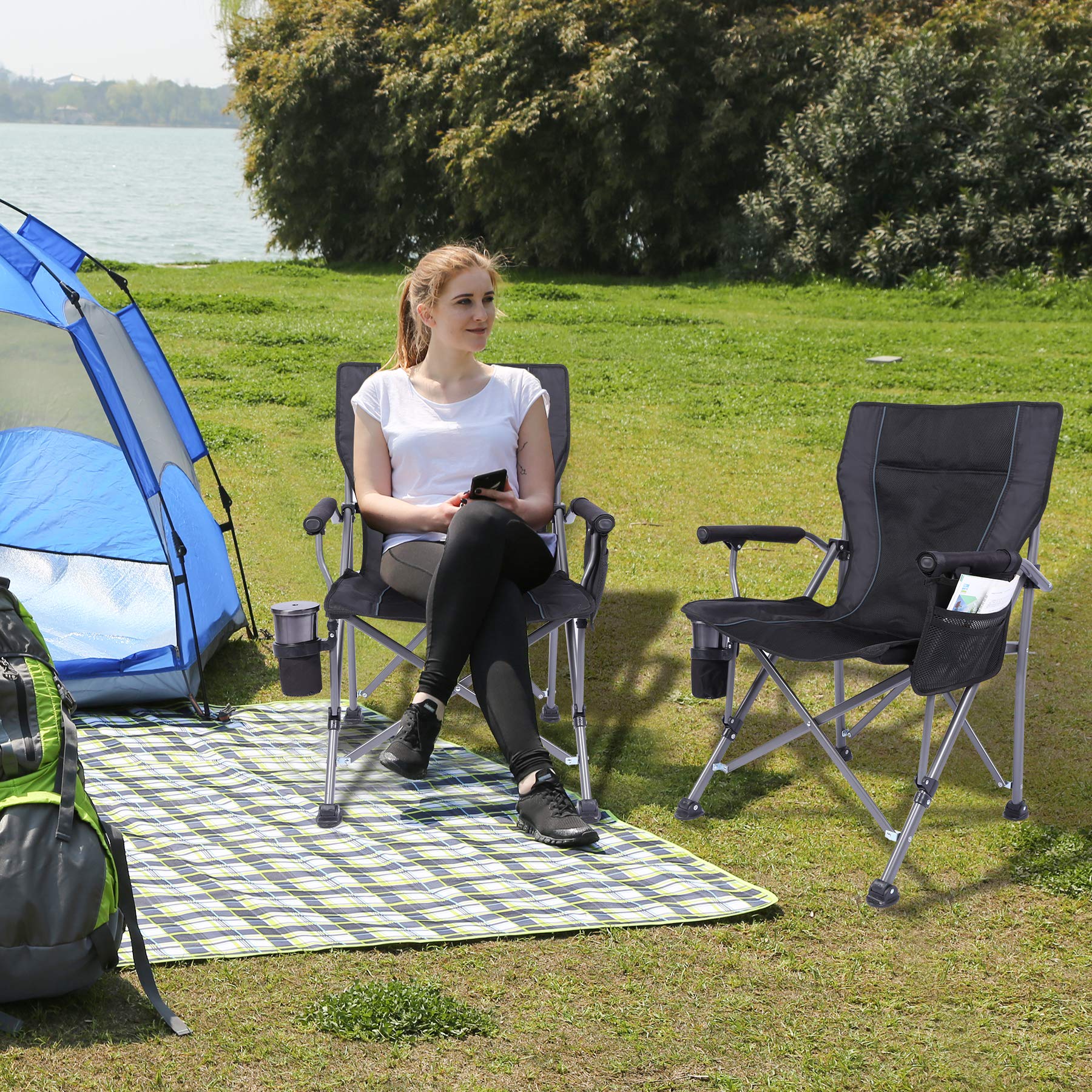 CAMPMOON Camping Folding Chair for Adults, Comfortable Lightweight Portable Heavy Duty Folding Lawn Chairs for Outdoor Sporting Events, Black 2 Pack
