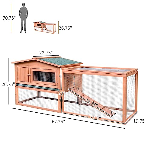 Pawhut 62" Outdoor Rabbit Hutch with Run, Guinea Pig Pet House Bunny Cage with Pull Out Tray, Waterproof Roof