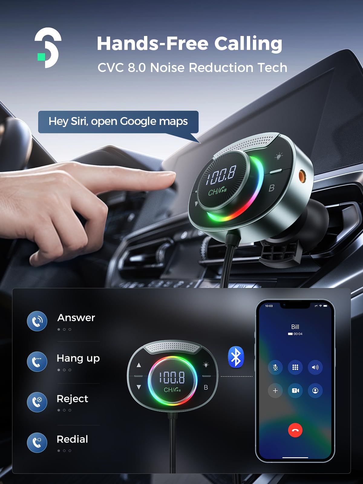 Bluetooth 5.3 FM Transmitter for Car - SOOMFON Bluetooth Car Adapter with Big Mic Bass Stereo Hi-Fi Sound, PD30W QC18W FM Bluetooth Transmitter Car Charger Support Hands-Free Calls, Aux Out, TF Card