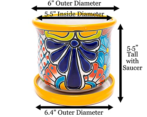 Enchanted Talavera Small Ceramic Flower Pot & Saucer Succulent Planter House Plant Cactus Bonsai Decorative Pot Plant Container 2-Piece Set (Marigold)