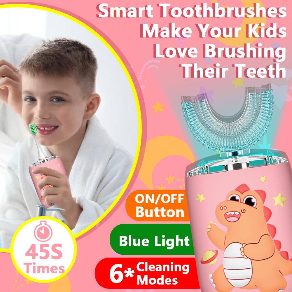 Kids Electric Toothbrush U Shaped Ultrasonic Automatic Brush with 2 Brush Head 6 Sonic Clean Modes IPX7 Waterproof Unicorn Design Whole Mouth Rechargeable Smart Timer Toothbrushes for Children 2-6