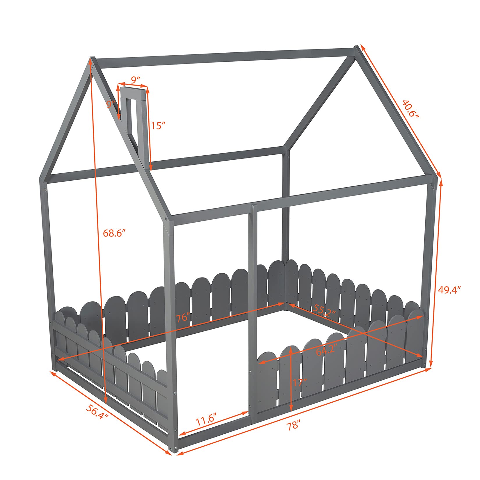 Kids House Beds, Full Floor Bed with Fence Wood Cabin Bed Frame Can be Decorated for Teens, Girls, Boys, Adults, Gray