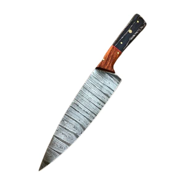CUSTOM HANDMADE DAMASCUS STEEL CHEF KNIFE KITCHEN KNIFE W/ WOOD HANDLE WITH LEATHER SHEATH, Black, 12.5 Inches