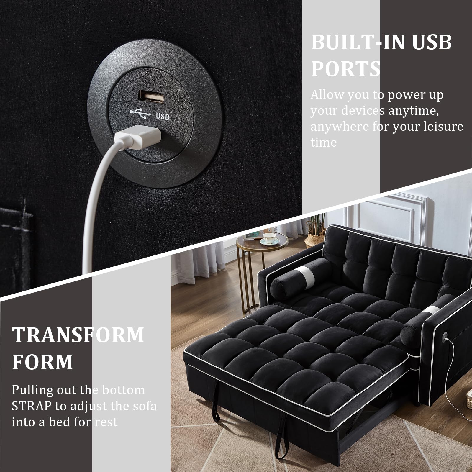 DS-HOMEPORT 3 in 1 Pull Out Convertible Sofa Bed with USB Ports - 55" Modern Velvet Sleeper Sofa with 3 Level Adjustable Backrest, Love Seat w/ 2 Pillows & 2 Pockets for Bedroom (Full Size,Black)