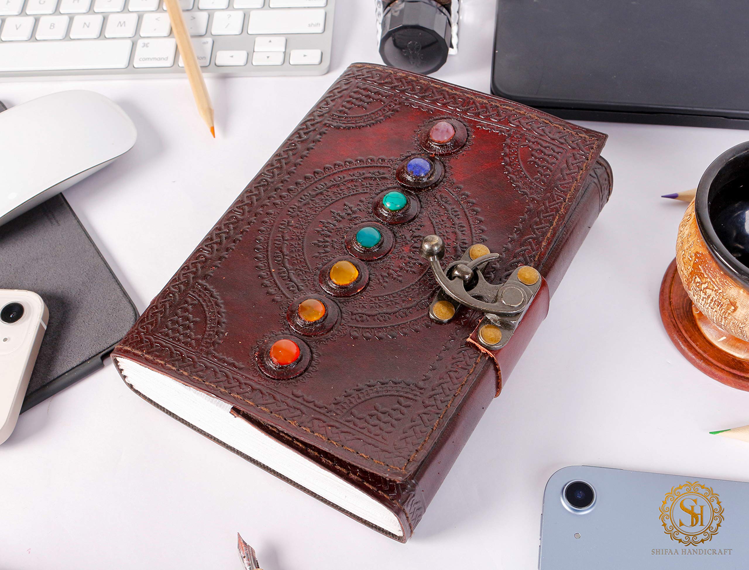 Blank spell book of shadows journal with lock clasp prop vintage handmade leather seven stone diary embossed seven chakra prayer pagan antique witchcraft wiccan notebook daily 7 x 5 Inches.