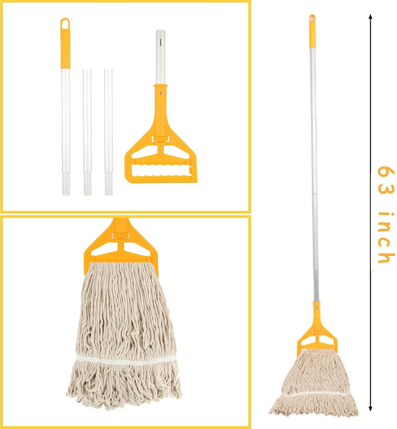Commercial Mop, String Mops for Floor Cleaning Heavy Duty Industrial Mop with Long Handle, Looped-End String Cotton Wet Mop for All Home/Garage/Office/Workshop/Warehouse Floors