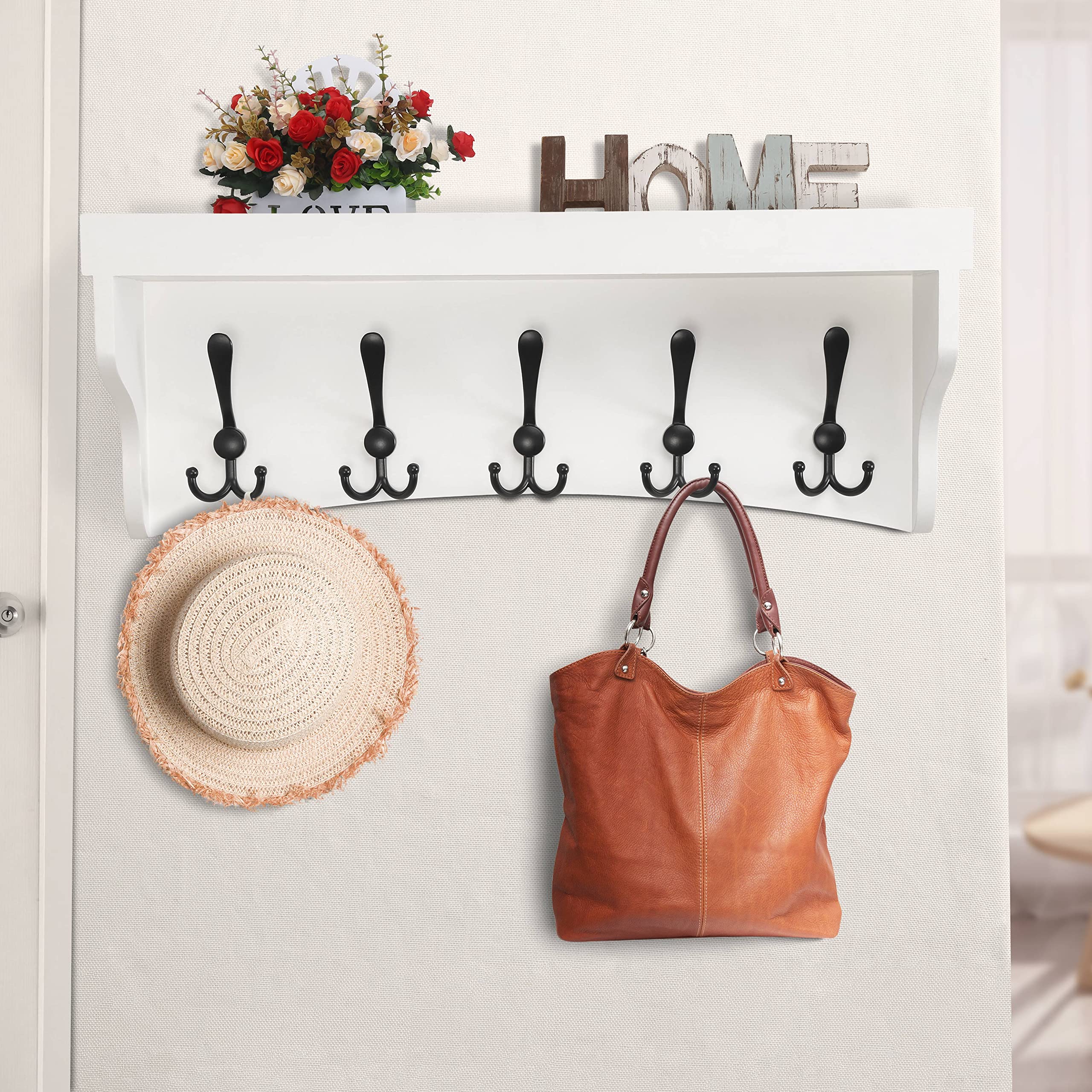 Dseap Coat Rack Wall Mounted Shelf with 5 Tri Hooks 24-Inch Heavy Duty Wood Entryway Shelf with Hooks, Coat Hanger Shelf, White & Black
