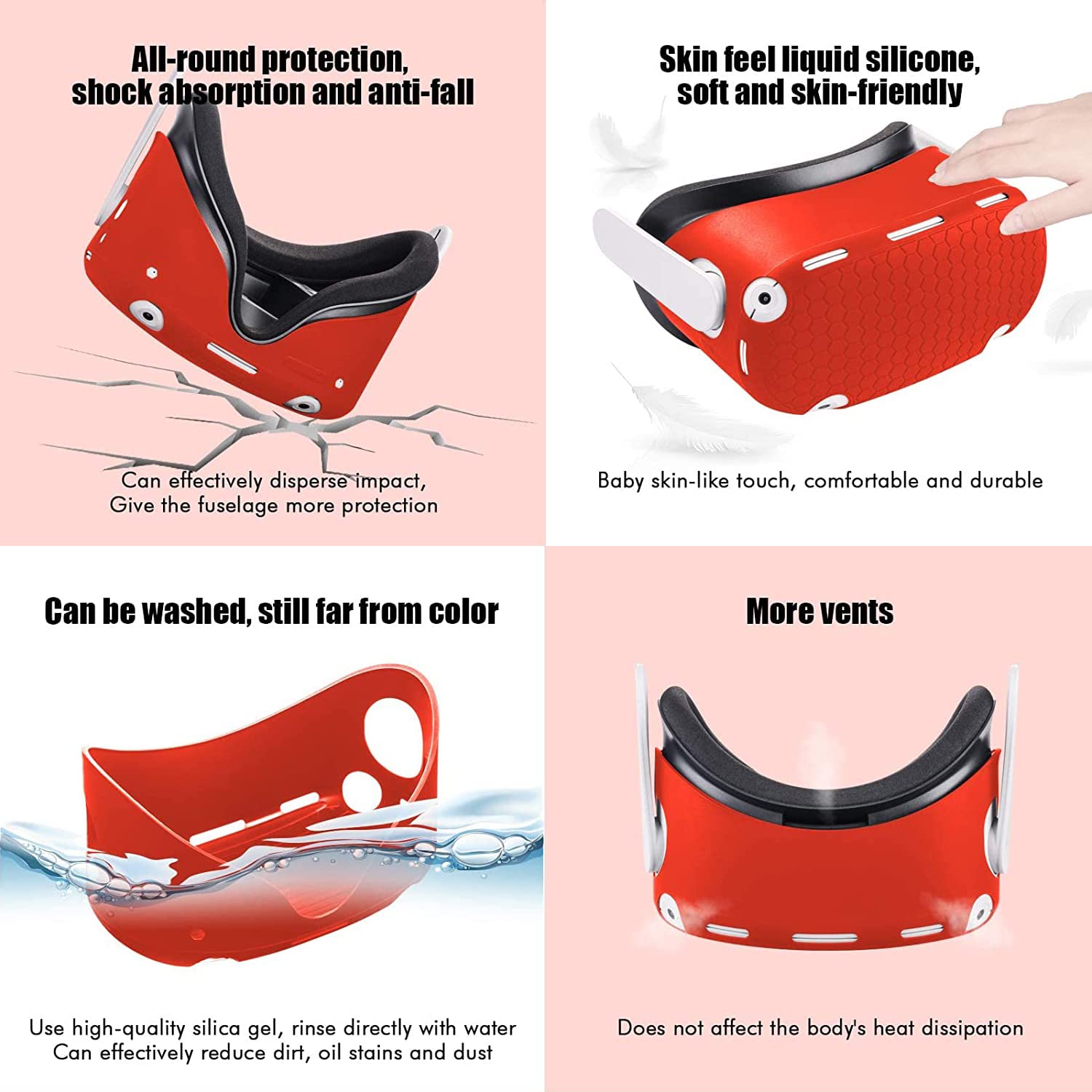 Compatible with Oculus Quest 2 Accessories | Lengthening Controller Grip Cover with Battery Opening | VR Shell Cover | Silicone face Cover | Protective Lens Cover (Red)