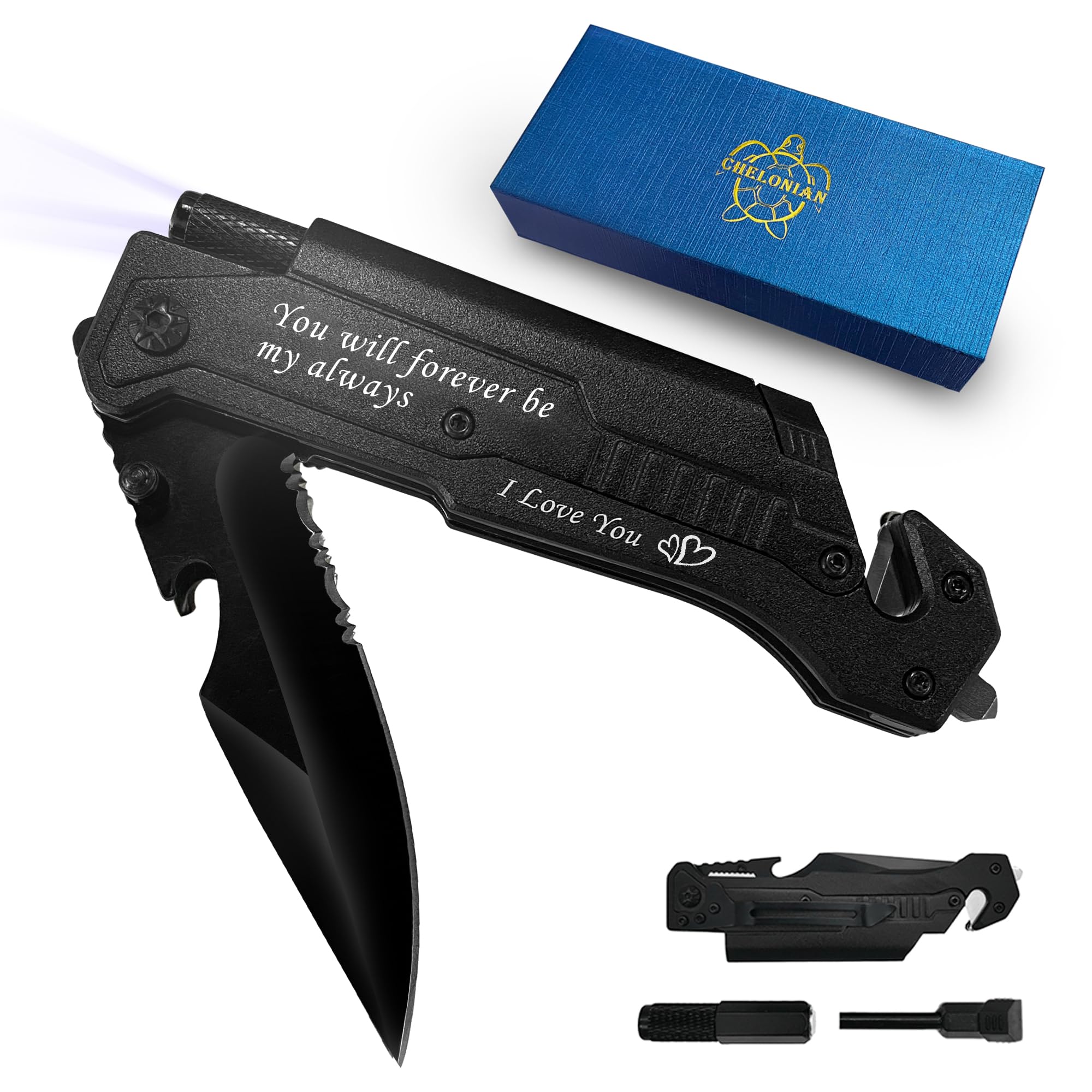 CHELONIAN Engraved Folding Knives for Men,6 in 1 Pocket Knives with Fire Starter,Flashlight,Bottle Opener,Glass Breaker,Birthday Gifts for husband