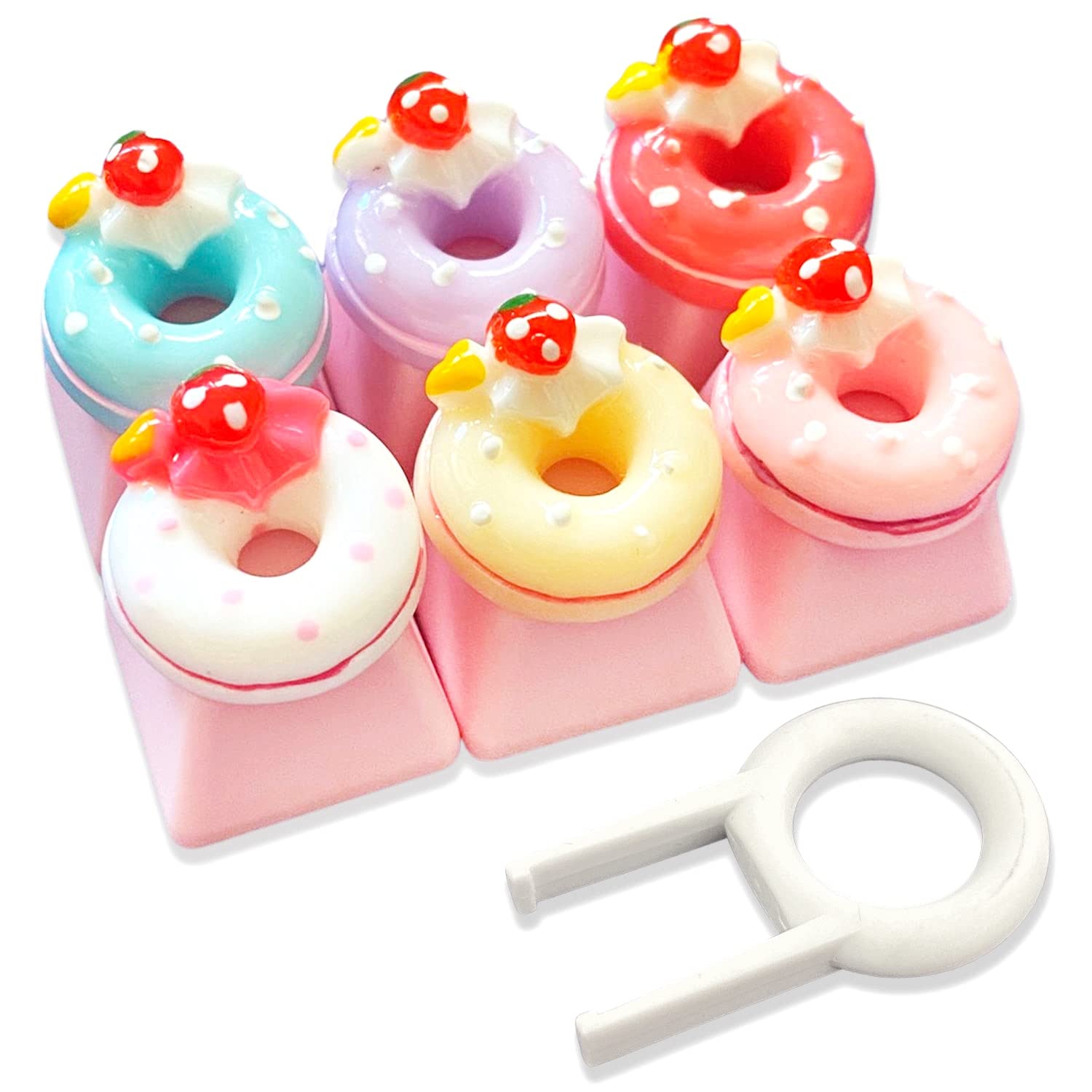 BelugaDesign Donut Keycaps | Pastel Pink Cute Kawaii Custom Replacement Cap Keys for Gaming Mechanical Keyboard | Esc Num Pad 3D Keys with Puller (Pink Multi)