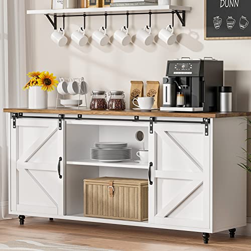Farmhouse Coffee Bar Cabinet with Storage, 58ββ Kitchen Sideboard Buffet Storage Cabinet with Sliding Barn Door, White Cabinet with Adjustable Shelves, Buffet Table for Living Dining Room