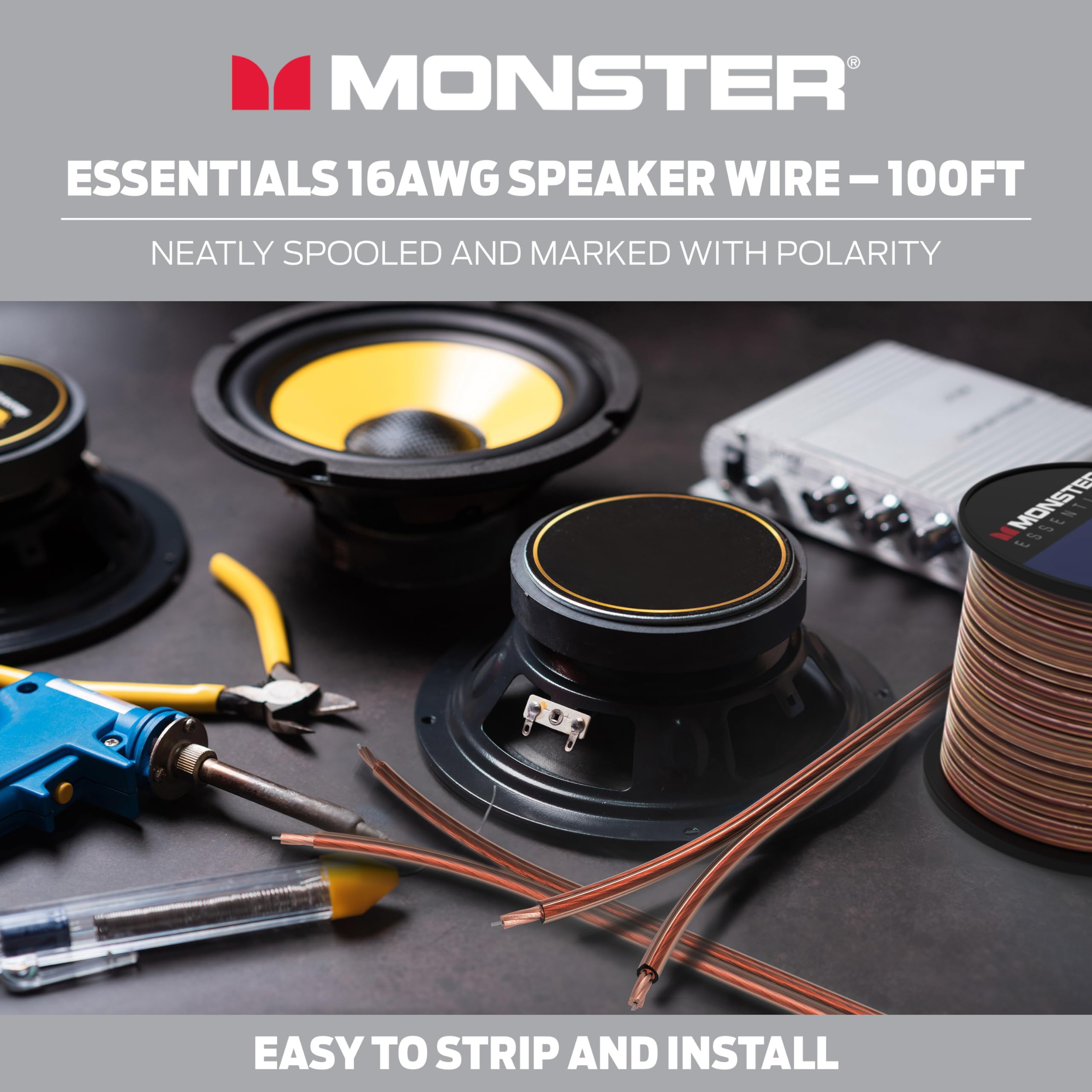 Monster Essentials High Performance Speaker Wire 16 Gauge Copper Clad Aluminum (CCA) Speaker Cable 100 FT Spool β Ideal Home Cinema Speaker Wire Cable and Car Audio Speaker Cables/Speaker Wires
