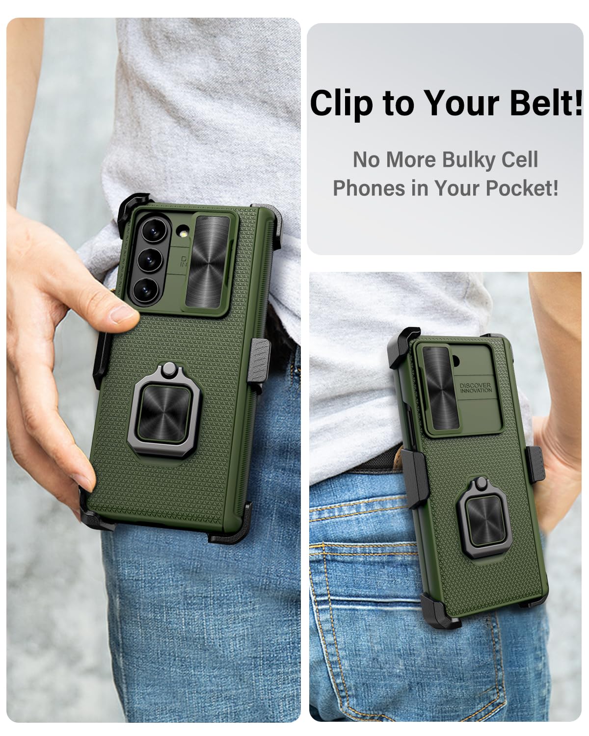BXYJY for Samsung Galaxy Z Fold 5 Case with Belt Clip, Built-in Ring Kickstand & Front Screen Protector & Slide Camera Cover & Hinge Protection & Heavy Duty Case for Galaxy Z Fold 5 5g 2023, Green