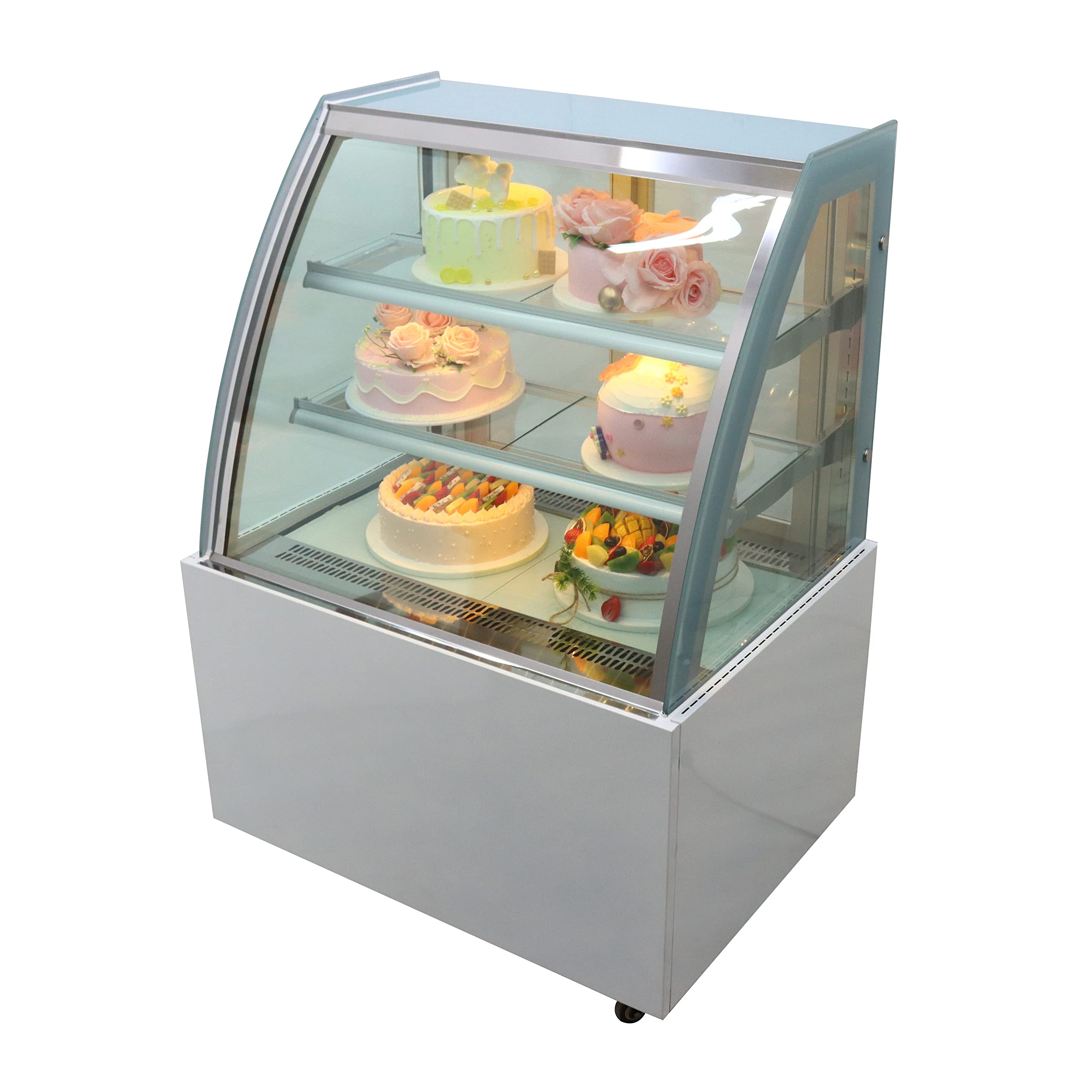 INTSUPERMAI Glass Bakery Display Case 35inch Floor Standing Refrigerated Cake Showcase Bakery Cabinet Display Refrigerators Cake Showcase Arc Back Door LED Lighting 220V Automatic Defrost