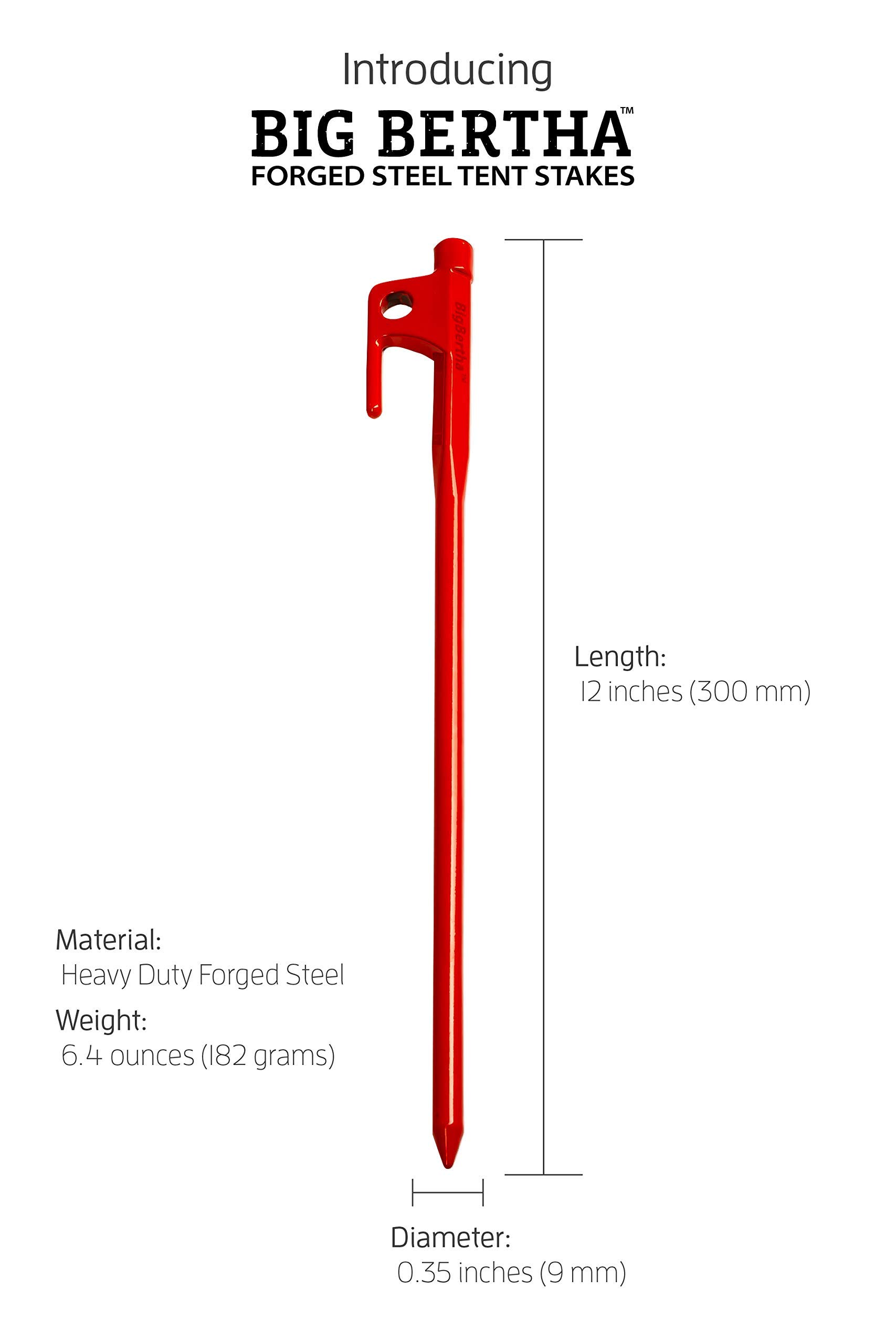 Big Bertha Extreme Heavy Duty Forged Steel Tent Stakes for Camping and Backpacking (4-Pack, Red, 12 inches)