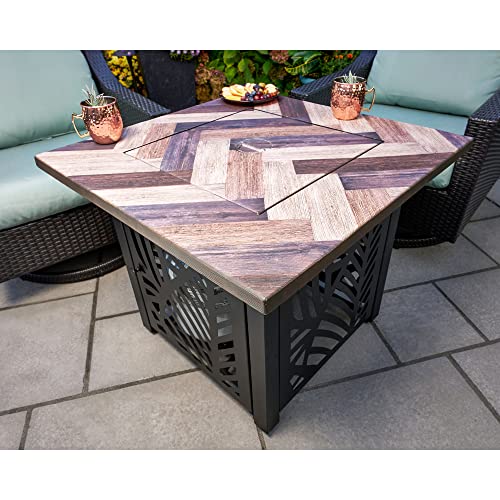 Endless Summer Darby 30 Inch Square Outdoor UV Printed 50,000 BTU LP Gas Fire Pit Table with Faux Wood Mantel and Stamped Steel Base