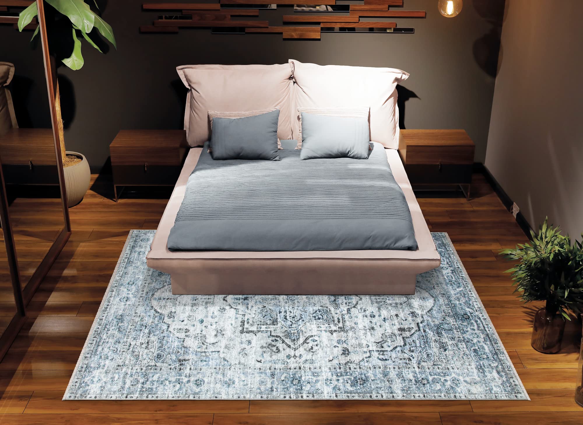 Bloom Rugs Caria Washable Non-Slip 6x9 Rug - Ivory/Blue/Gray Traditional Area Rug for Living Room, Bedroom, Dining Room, and Kitchen - Exact size: 6' x 9'