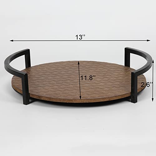 Farmhouse Round Decorative Tray,Wood Serving Tray with Metal Handles, Rustic Ottoman Coffee Table Accent Tray, Centerpieces for Table (Natural Brown)