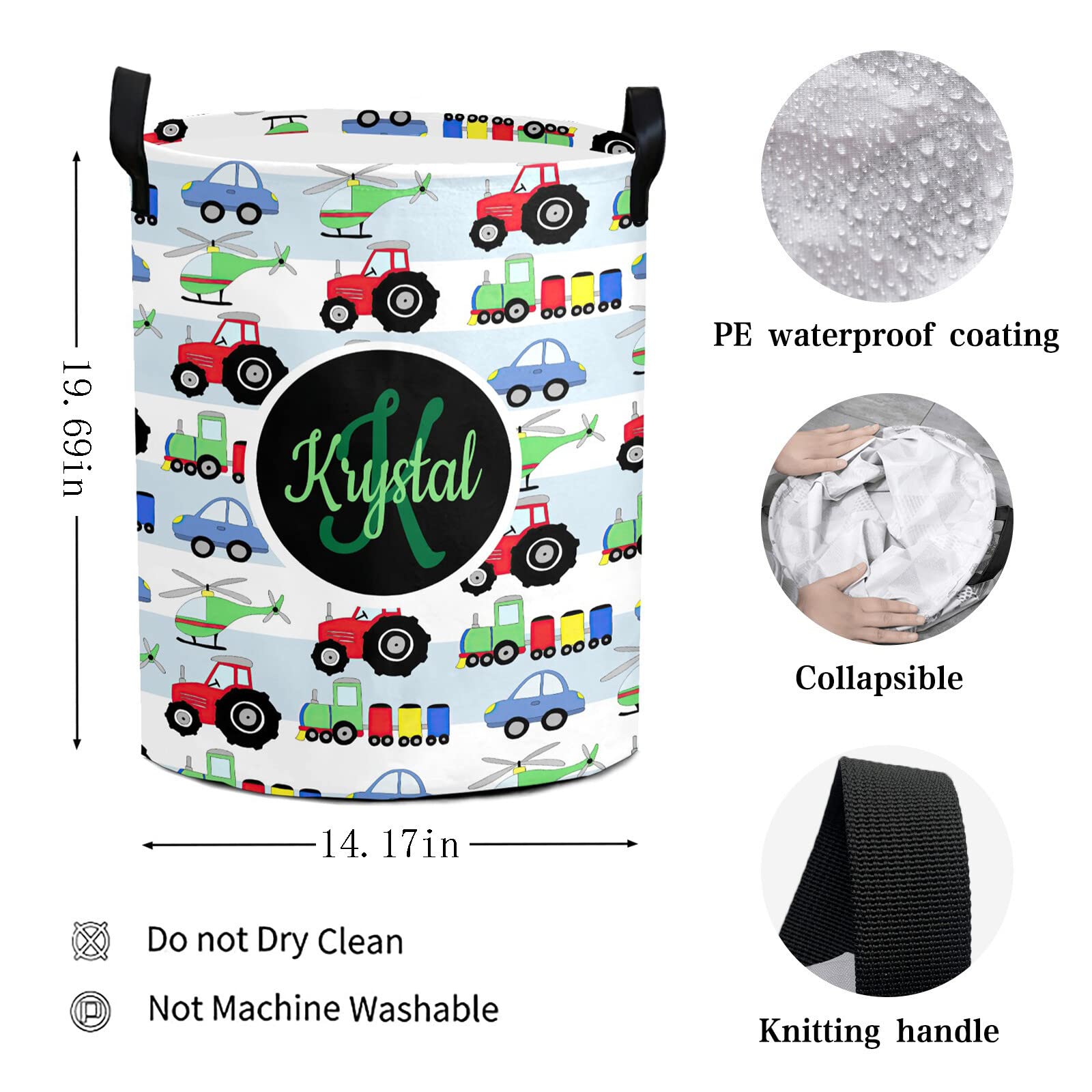 Custom Name Gray Striped Baby Elephant Storage Bin Waterproof Nursery Storage Basket with Durable Handles Dirty Clothes Hamper for Bedroom Bathroom
