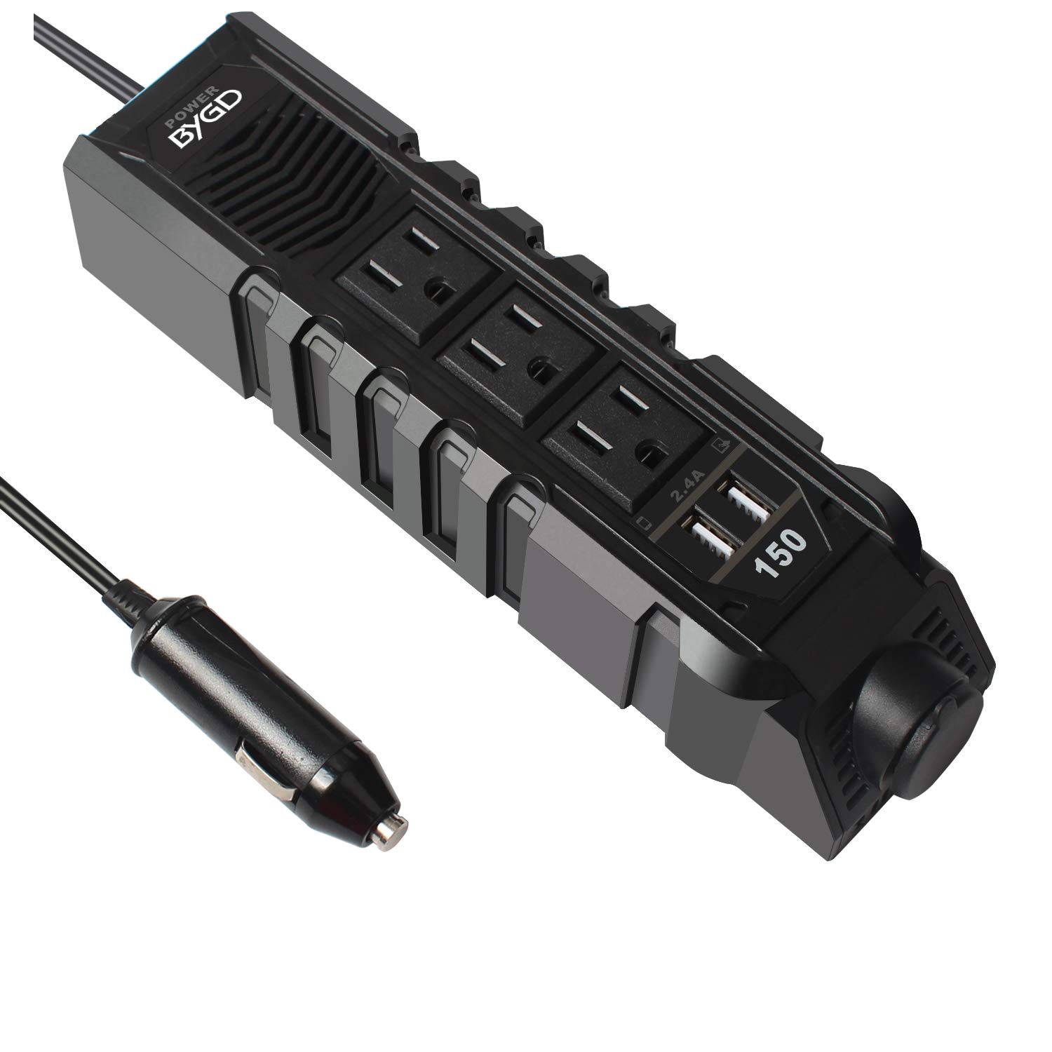 BYGD 150W Car Power Inverter for Vehicles, DC 12V to 110V AC Car Plug Adapter Outlet Converter with 1 Cigarette Lighter Socket, 3 AC Outlets, Dual 4.8A Fast Charging USB Ports for Digital Devices