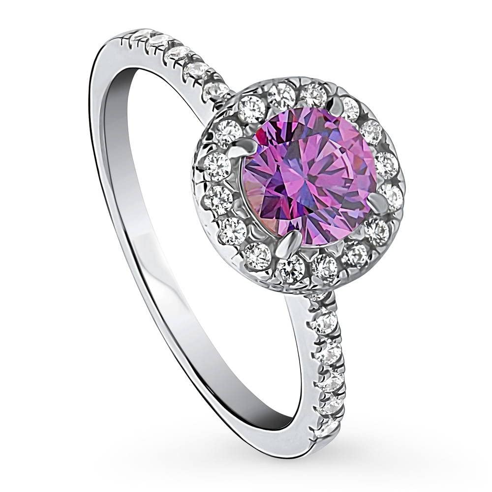 BERRICLE Sterling Silver Halo Purple Round Cubic Zirconia CZ Fashion Ring for Women, Rhodium Plated Size 4