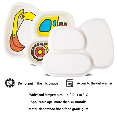 Kids Plate Set, Included Plate Fork and Spoon 3-Piece Set - Toddler Plates Dinnerware Dinner Dish Set Baby Feeding Divided Plate - Child Portion Control Bamboo Eco-Friendly (Excavators)