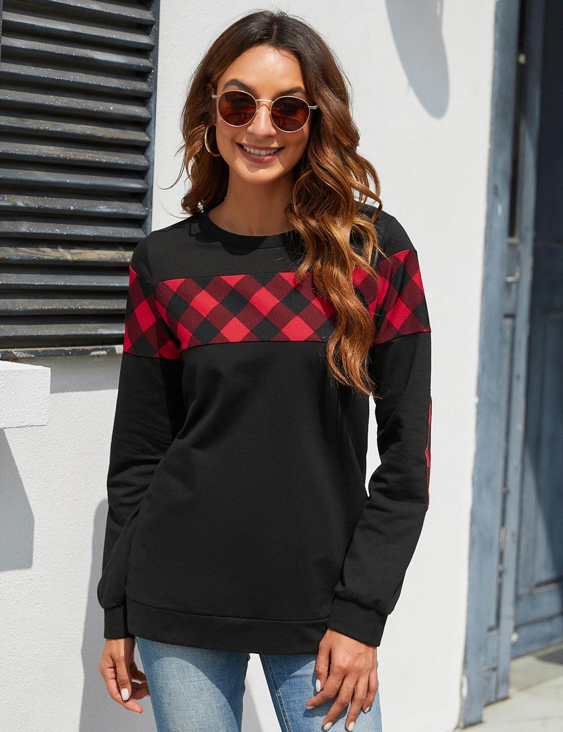 Blooming Jelly Women's Color Block Plaid Shirt Crew Neck Elbow Patches Pullover Sweatshirt Christmas Top(M) Black