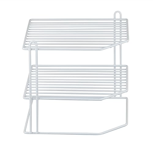 Home Basics Corner Rack, White, Vinyl Coated Steel, Rust Resistant, 2-Tier Shelf, Keeps Spices and Cups Organized, 9x9x8.5in