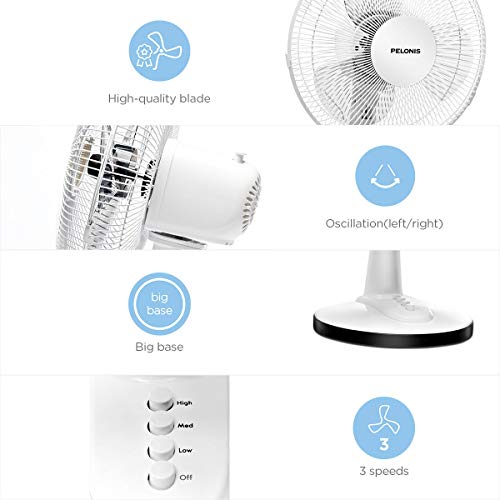 PELONIS FT30-15H Portable 3-Speed 12-Inch Oscillating Table Air Circulation Fan, White, 15 Inch TableFan