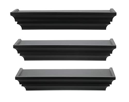 Kiera Grace Madison Classic Crown Molding Floating Wall Shelves, Robust Engineered Wood, Easy Assembly, Ideal for Home Decor, 16", Black, Set of 3