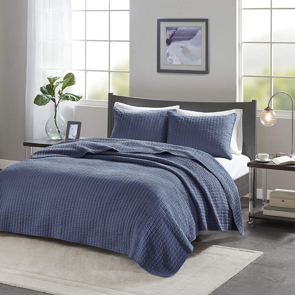 Madison Park Keaton Quilt Set-Casual Channel Stitching Design All Season, Lightweight Coverlet Bedspread Bedding, Shams, King/Cal King(104"x94"), Stripe Navy, 3 Piece