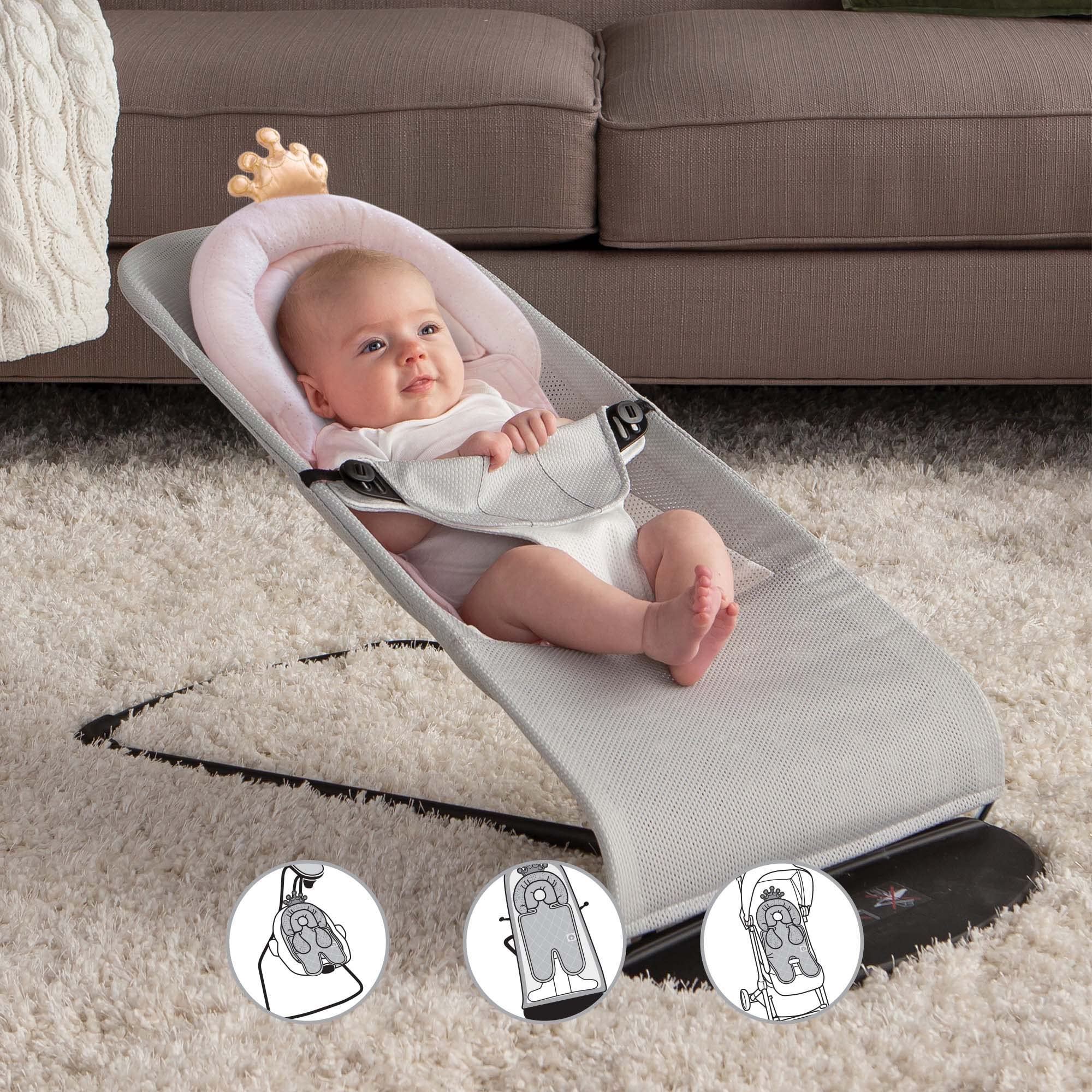 Boppy Preferred Head and Neck Support, Pink Princess with Adorable Accents, Removable Neck Support, for 3- or 5-point Harness systems, For Strollers and Swings, 0+ months