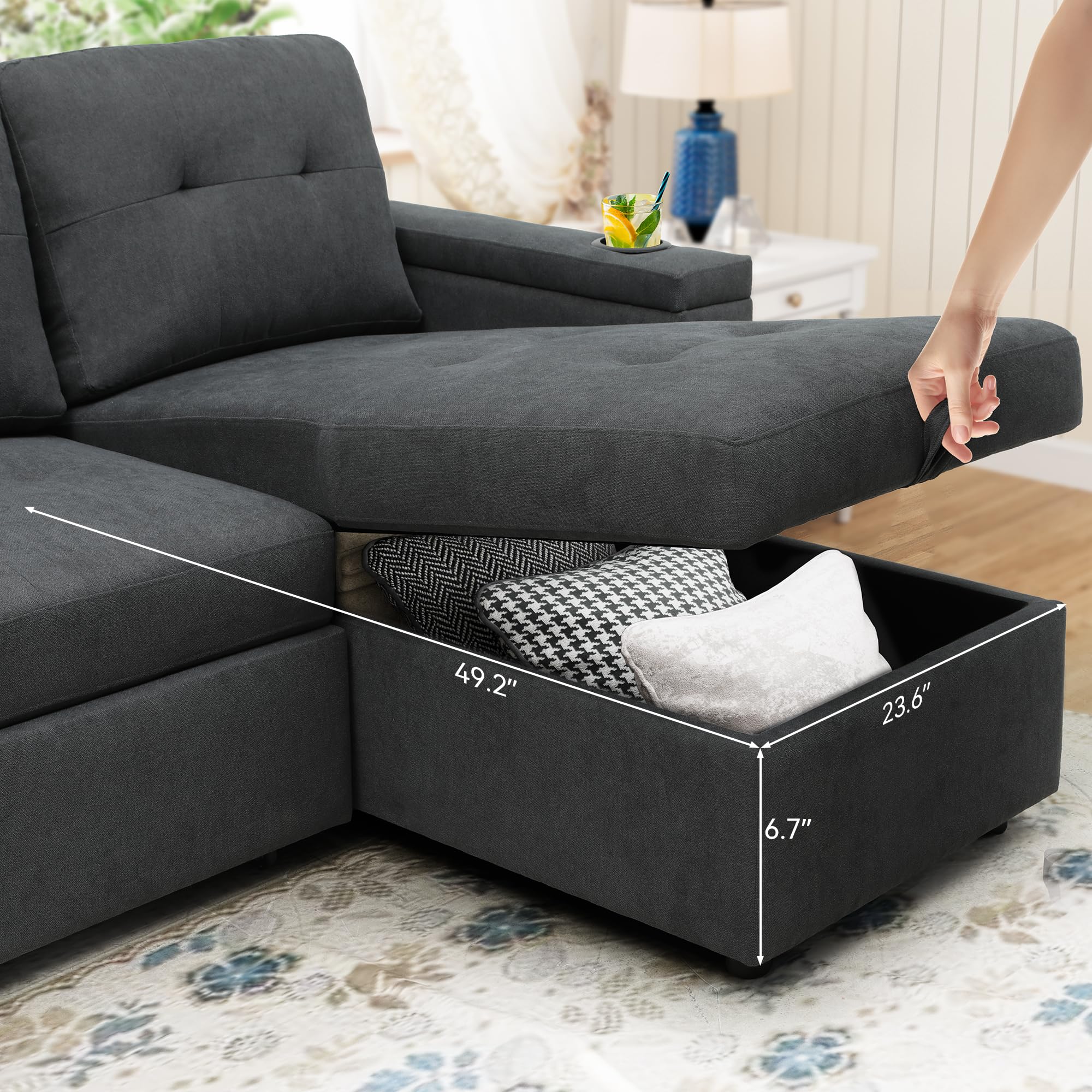 DWVO L-Shaped Sectional Sofa Bed, Sleeper Sofa with Pullout Couch, USB Ports, and Storage Chaise - Reversible Sleeper Couch for Small Apartments, Living Room Gray