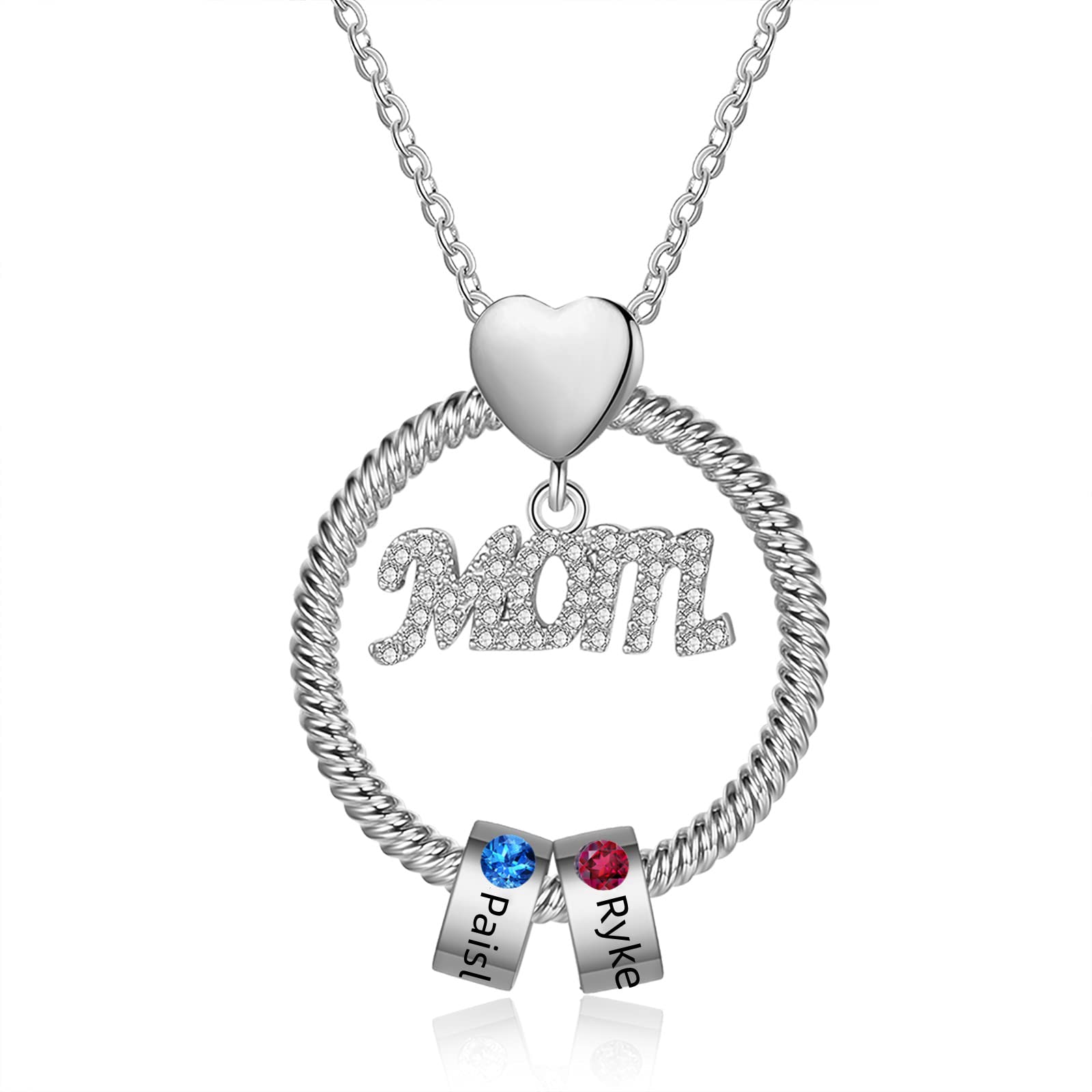 Bemobeauty Personalized Mom Necklace with 2 Name Beads and Simulated Birthstones,Mother Daughter Custom Name Pendant Jewelry Gift on Mother's Day Birthday for Women