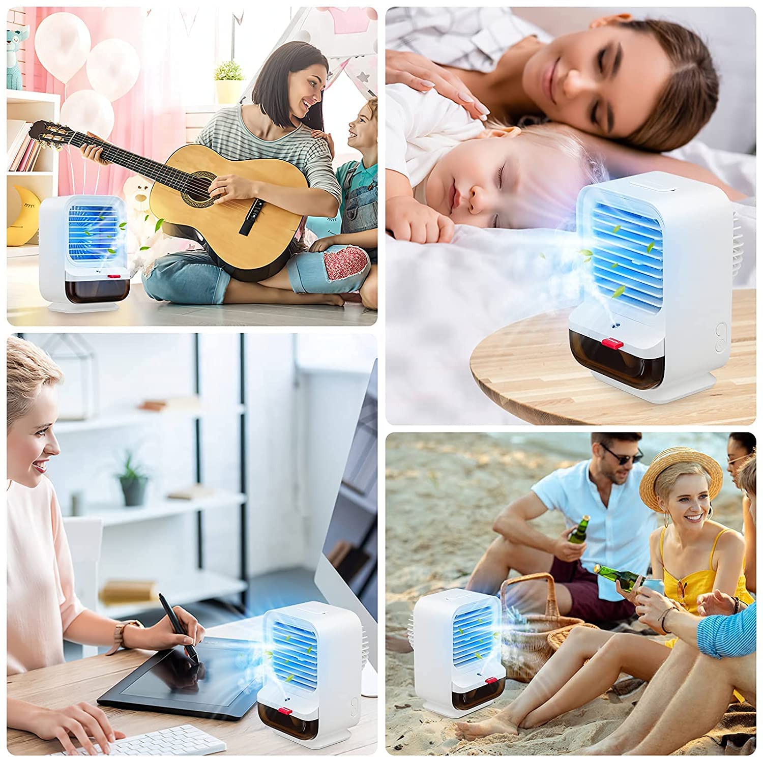 BENBOAR Portable Air Conditioner Fan, Desktop Air Cooler with Automatic Rotation & Water Tank Evaporative Humidifier, Cold Mist Humidifier Atomizer with Warm Night Light, 4000 mAh Power (Desktop fan)