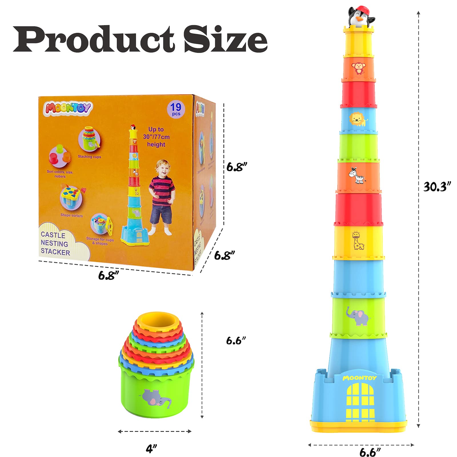 MOONTOY Stacking Cups Baby Toy Set, 19pcs Baby Stacking Toys for Toddlers 1-3, Shape Sorter Stackable Blocks Games Nesting Sorting Toys 6-12 Months 1 Year Old Christmas Stocking Stuffers Birthday Gift