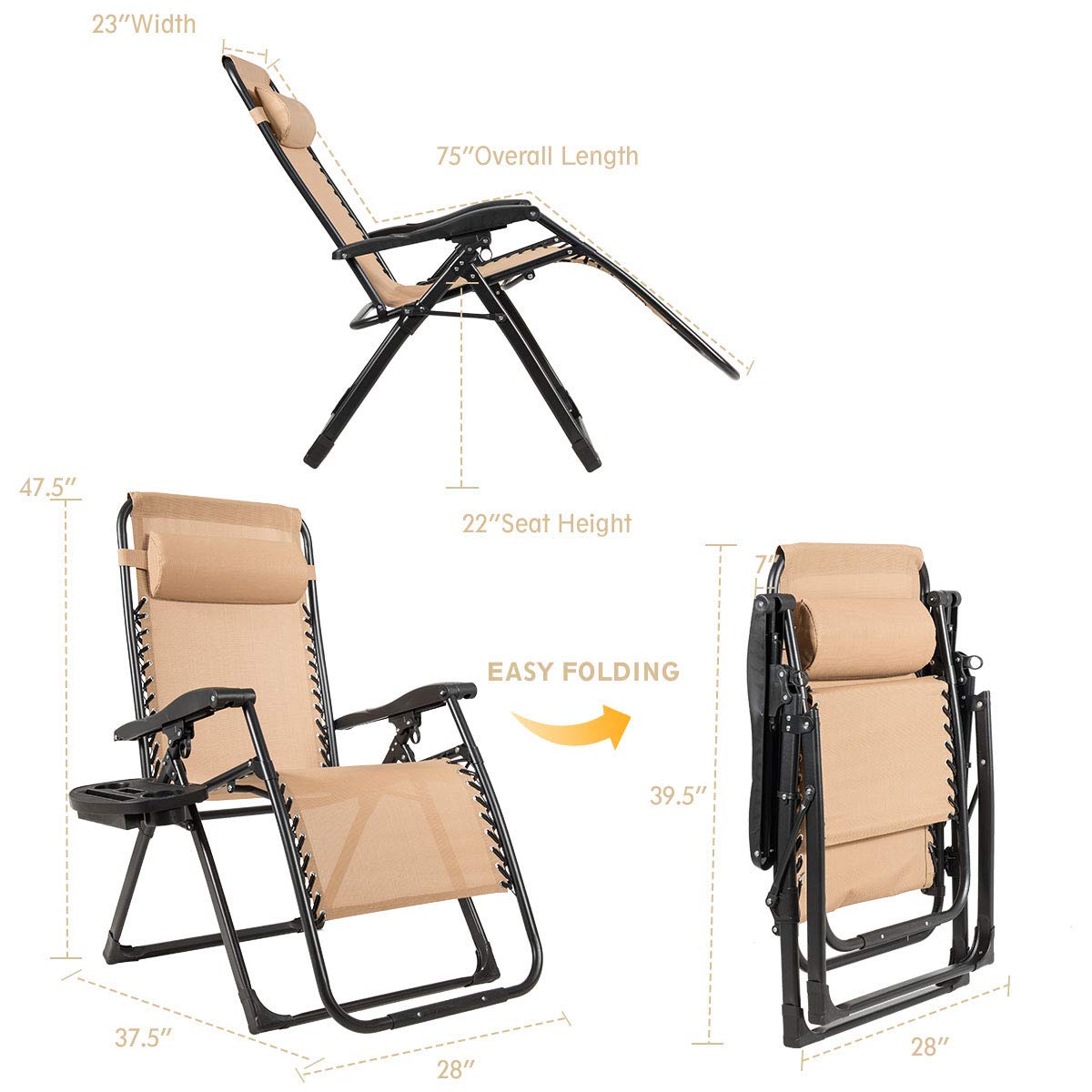 Goplus Zero Gravity Chairs, X-Large Outdoor Lounge Lawn Chair with Cup Holder & Detachable Headrest, Adjustable Folding Patio Recliner for Pool Porch Deck Oversize (Beige)
