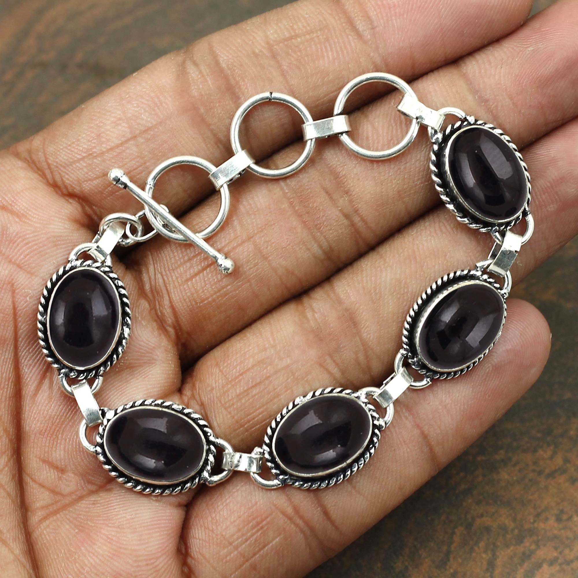 Black Onyx Bracelet 925 Silver Overlay Handmade Vintage Style Jewelry for Women Mom Wife