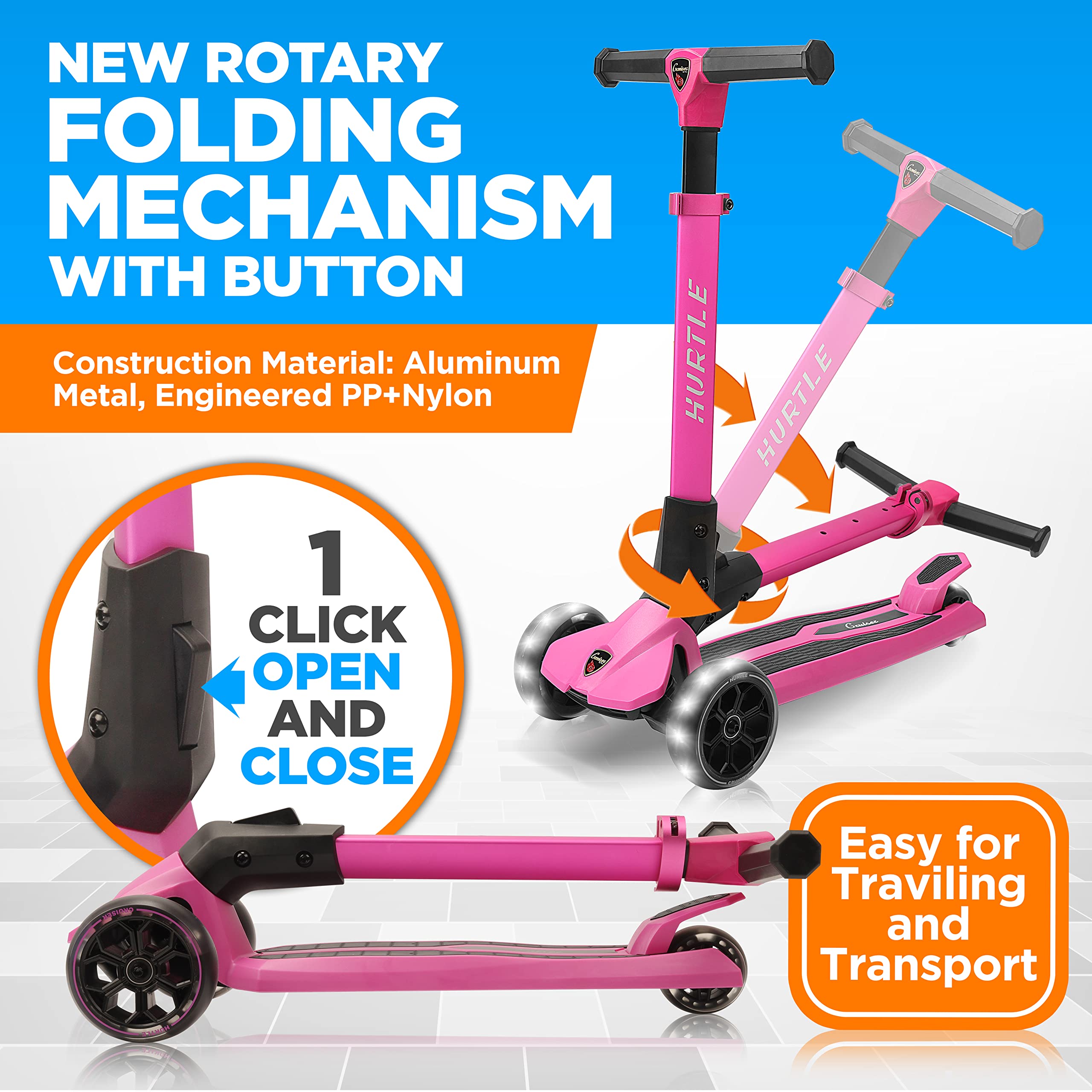Hurtle 3 Wheeled Scooter for Kids - Foldable Stand Child Toddlers Toy Kick Scooters w/Built-in LED Wheel Lights, Anti-Slip Wide Deck, Adjustable Height, Great for Outdoor Fun -, Pink
