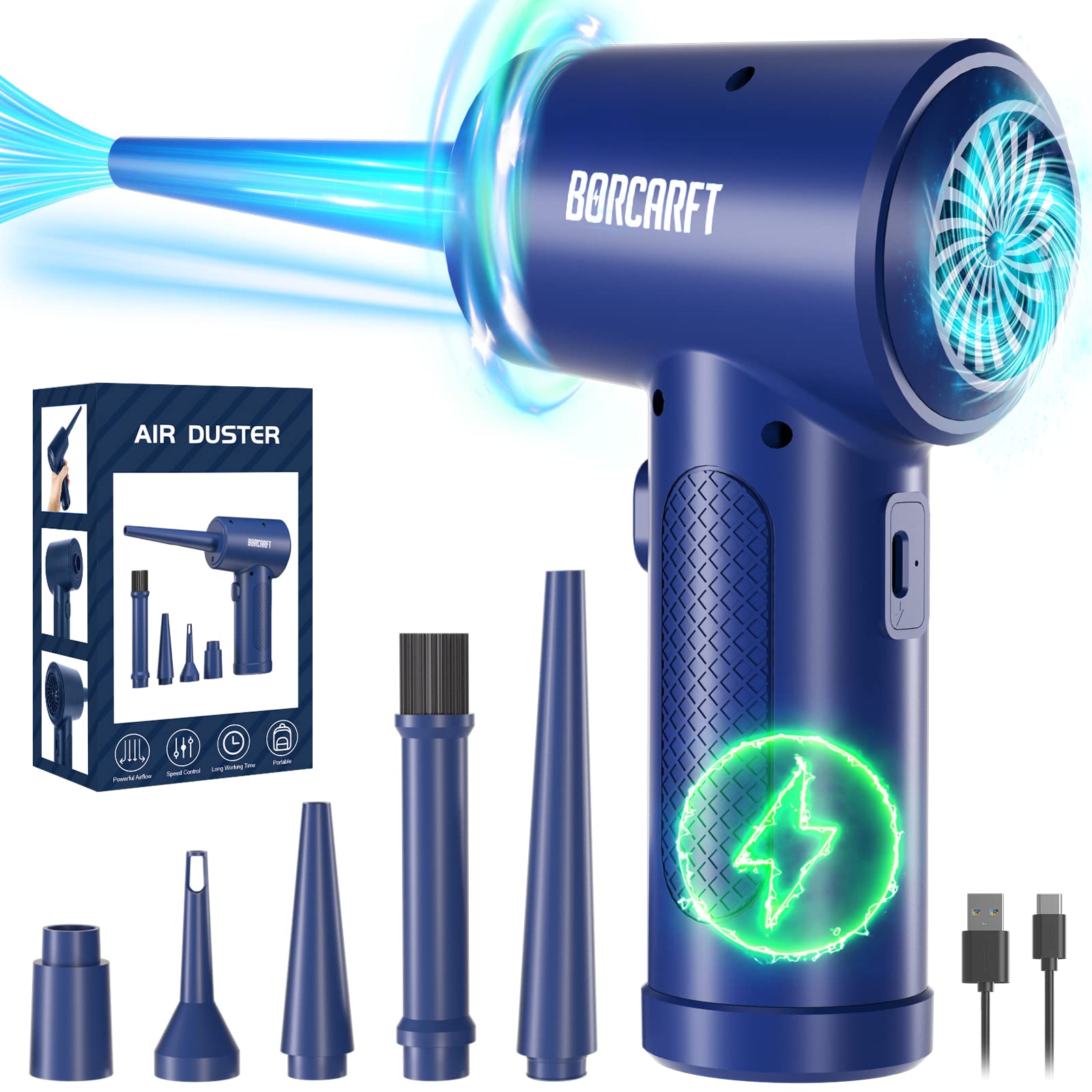 Compressed Air Duster - Borcarft 110000RPM 3 Speed Electric Air Duster Portable Air Blower with LED Light, 7200mAh Rechargeable Cordless Replaces Compressed Air Cans for Computer Keyboard Cleaner