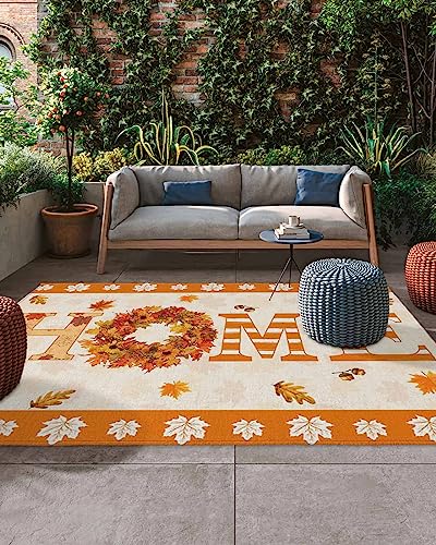 Outdoor Area Rug for Patio,Fall Thanksgiving Home Quotes Maple Leaf Camping Rugs Indoor Large Floor Mat 4x6ft,Sunflower Wreath Linen Outside Carpet for Deck RV Picnic Porch Backyard Bedroom
