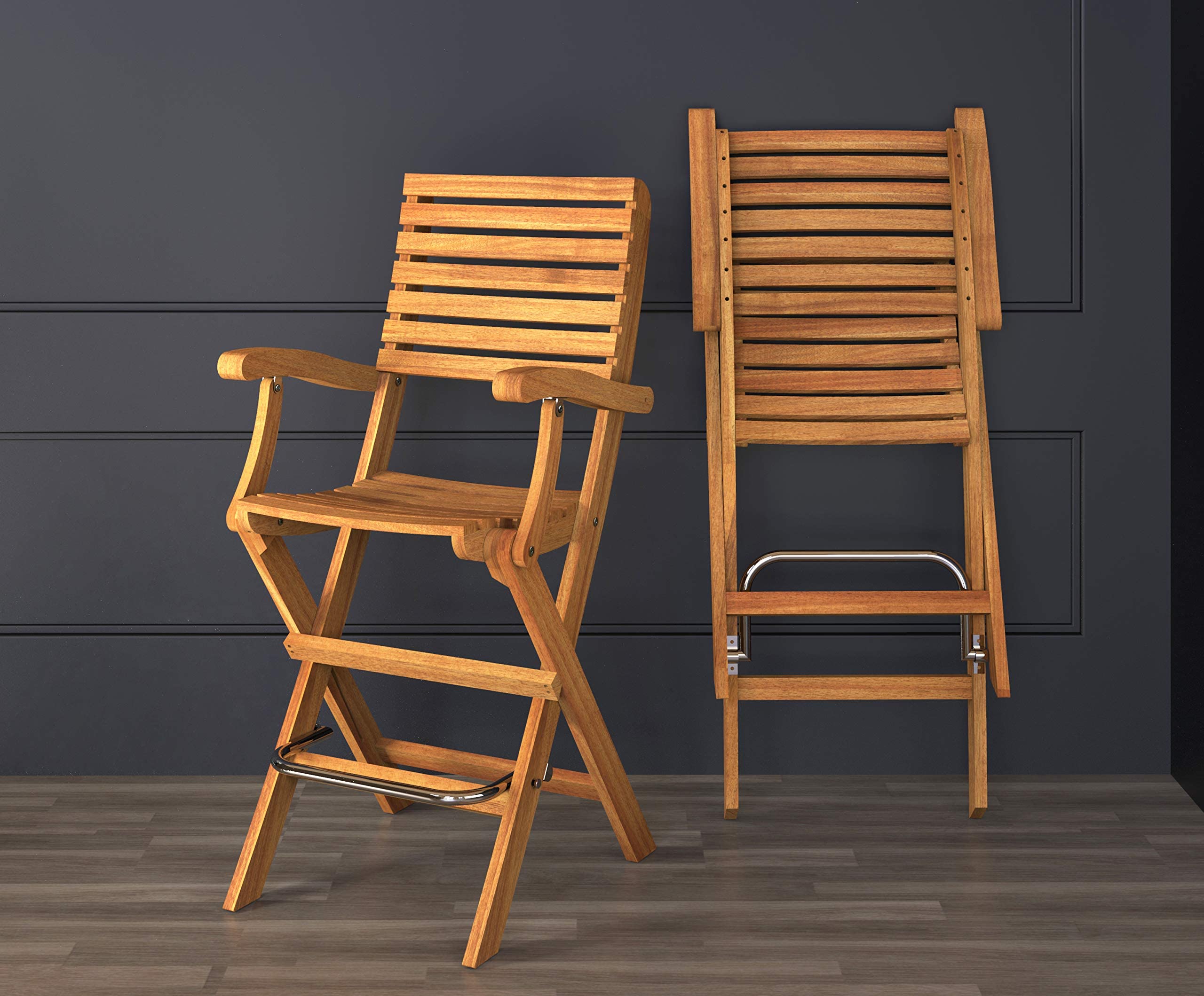 INTERBUILD REAL WOOD Acacia Hardwood Foldable Casino Bar Height Chair with Foot and Arm Rests, 26" Tall, 2 Piece Set - Golden Teak