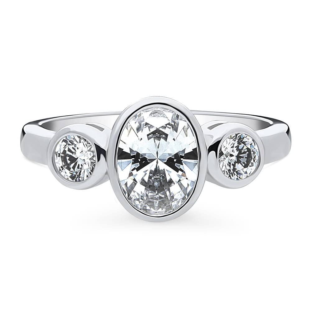 BERRICLE Sterling Silver 3-Stone Wedding Engagement Rings Oval Cut Cubic Zirconia CZ Anniversary Promise Ring for Women, Rhodium Plated Size 8