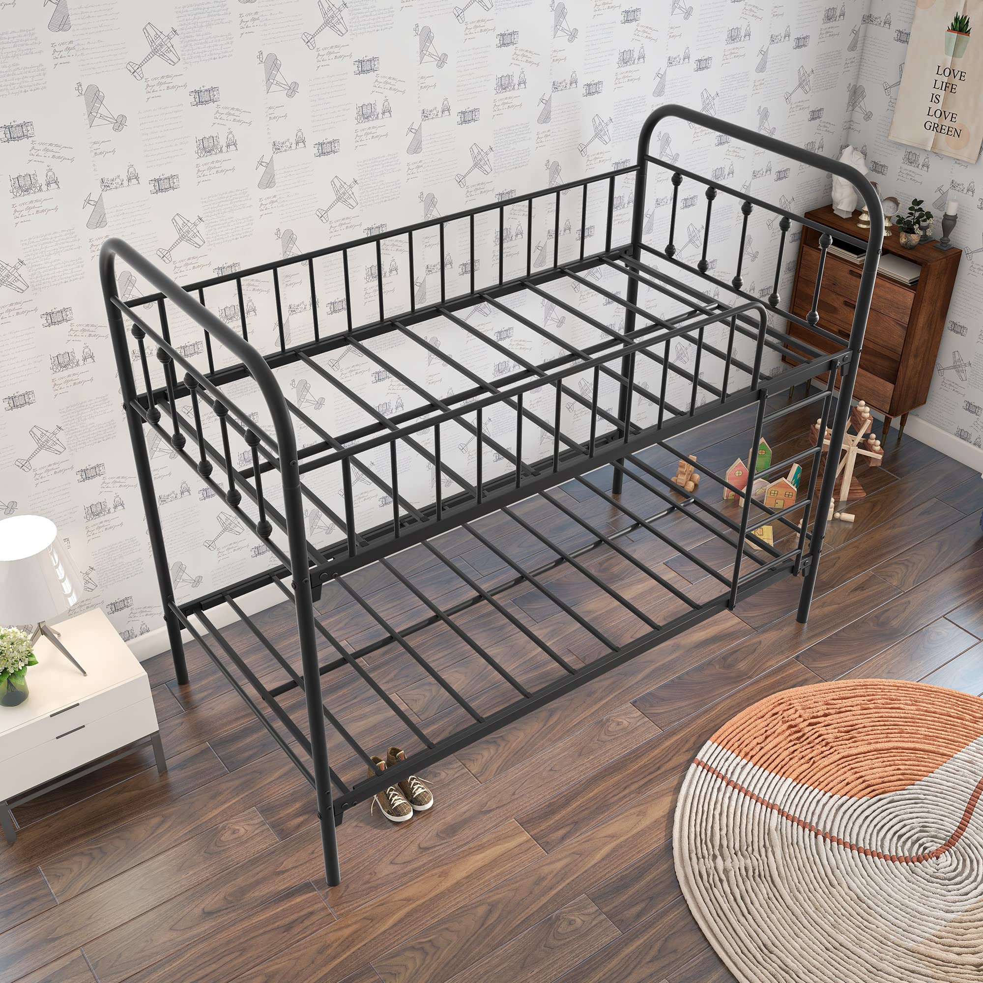 BOFENG Twin Over Twin Metal Bunk Beds with Side Ladders, Heavy Duty Bed Frame with Guardrail for Dormitory Bedroom Boys Girls Adults,No Box Spring Needed,Black