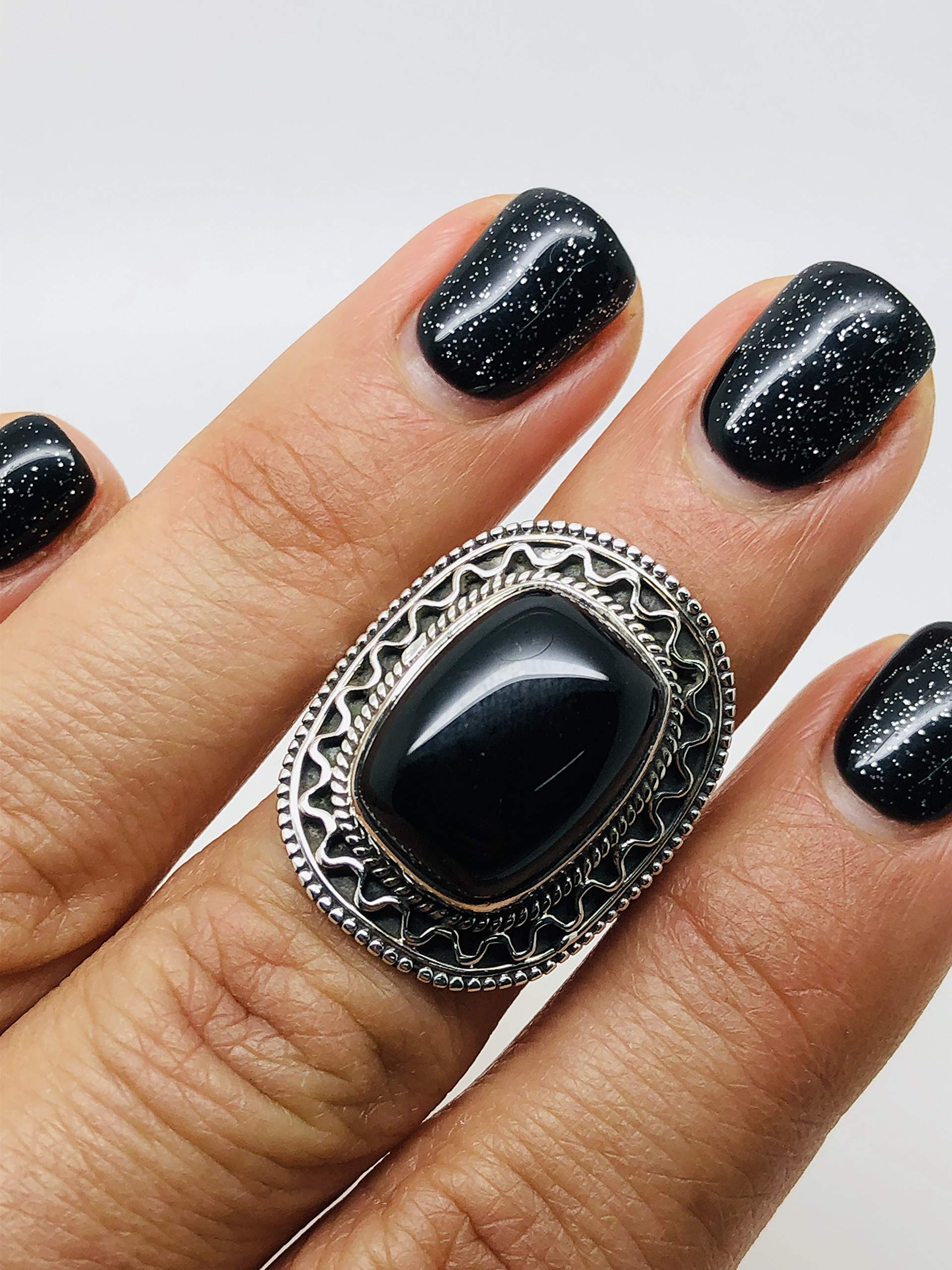 Black Onyx Vintage Gipsy Ring 925 Sterling Silver Boho Chic US Size 7 8 9 (9)