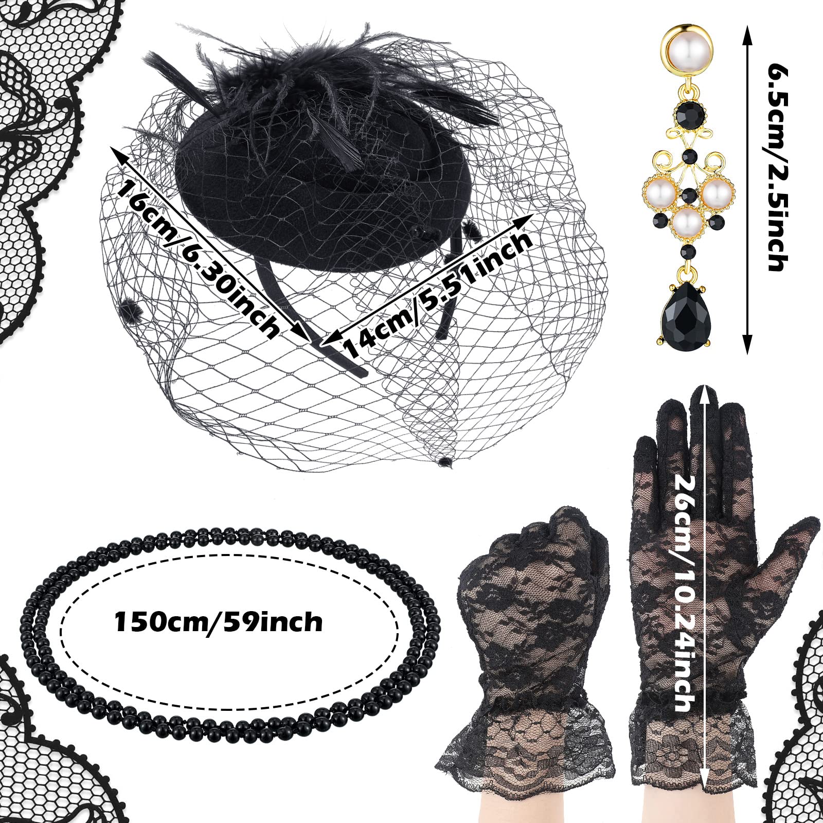 Bencailor Fascinator Hat for Women Funeral Veil Hats Set Include Mesh Hats Lace Gloves Necklace Earring for Tea Party(Floral Style)