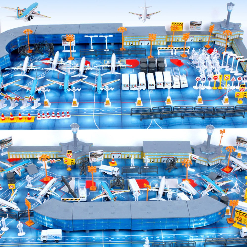 International Airport Assembled Toy 8 Planes and 8 Vehicles 200 Pieces Aircraft Model Playset Simulated Scene