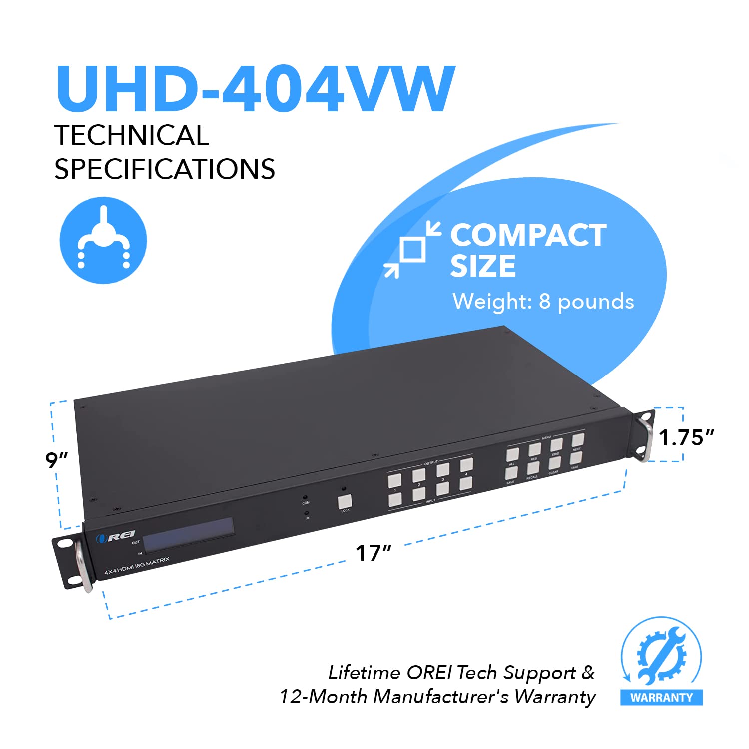OREI Professional 4K 4X4 HDMI Matrix Video Wall, Seamless Switching HDCP 2.2 UltraHD 4K @ 60Hz 4:4:4 Switcher & IR Control, Audio Extract, RS-232 - Zero Latency 4 Displays 2x2 Video Wall @ 1080P