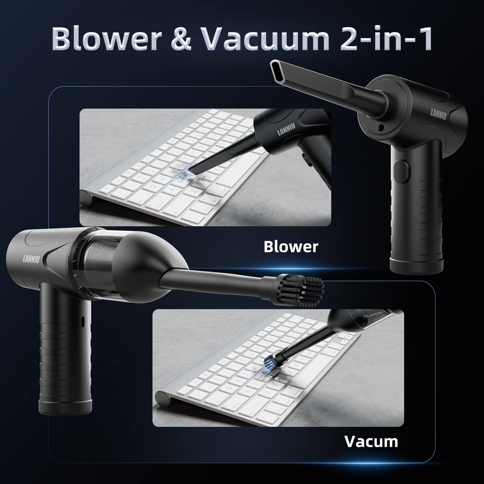 Compressed Air Duster-Electric Air Duster-Blower& Vacuum 2-in-1,No Canned Air Duster-Cordless air Duster-Reusable Power 110000 RPM Motor, 11000PA Suction-Air Blower for Computer