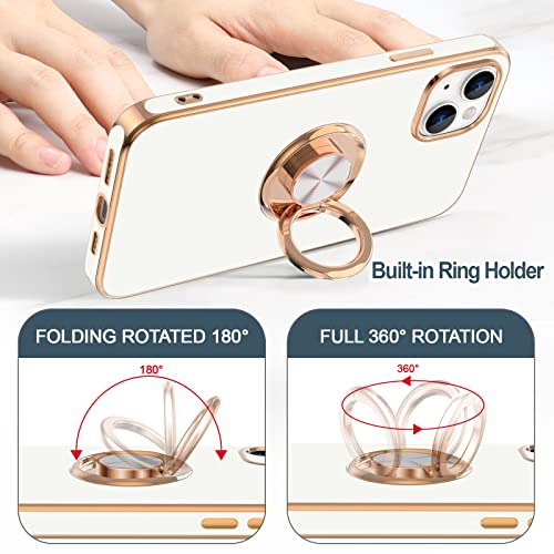 Hython Case for iPhone 14 Case with Ring Stand [360° Rotatable Ring Holder Magnetic Kickstand] [Support Car Mount] Plated Gold Edge Slim Soft TPU Luxury Shockproof Protective Phone Case Cover, White